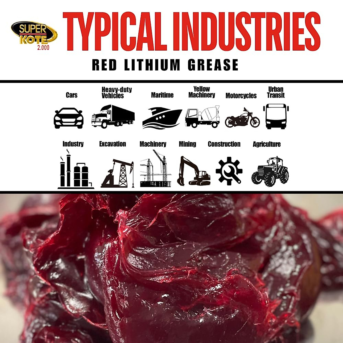 Lithium Grease Superkote 2000 / NLGI 2 / Multipurpose/Lithium/Lubricant/EP/High Temp/Industry/Construction/Automotive/Red Grease / 360g