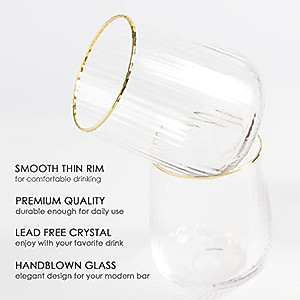 Lysenn Stemless Wine Glasses Set of 4 - Premium Hand Blown Drinking Glasses for White and Red Wine - Elegant Vertical Stripe and Gold Rim Design - Clear 15oz