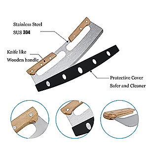 14" Premium Pizza Cutter Rocker Style AKGUNDA , Very Sharp Stainless Steel Pizza Knife Slicer Blade with Cover, Safer with Double Wooden Grip, Chopper Suitable for Cakes all Types of crusts