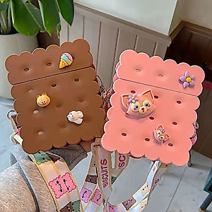 Kawaii Biscuit Water Bottle with Straw Lid and Strap Novelty Water Bottle for Kids Girls Outdoor Sports School Supplies Cute Aesthetic Birthday Gifts Cookie Leak-proof Water Bottle BPA Free (Pink)