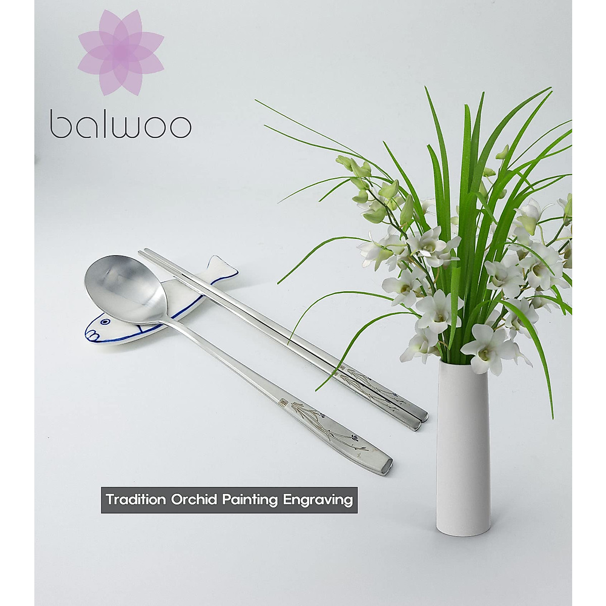 BALWOO [1 Set] [Made in Korea] Orchid Design Korean Style Sticky Rice Spoon Chopsticks Set Silverware Set 304 Stainless Steel Cutlery Set Soup Spoon Ramen Chopsticks Flatware (1 Set)