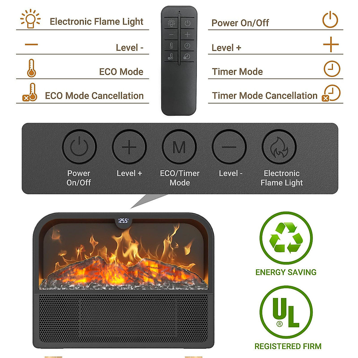 Electric Fireplace Heater, Freestanding Electric Fireplace with Realistic Flame & Solid Wood Stand, Portable Space Heater Fireplace for Indoor Use with 1-12H Timer, 59℉ to 95℉ Thermostat, 1500W