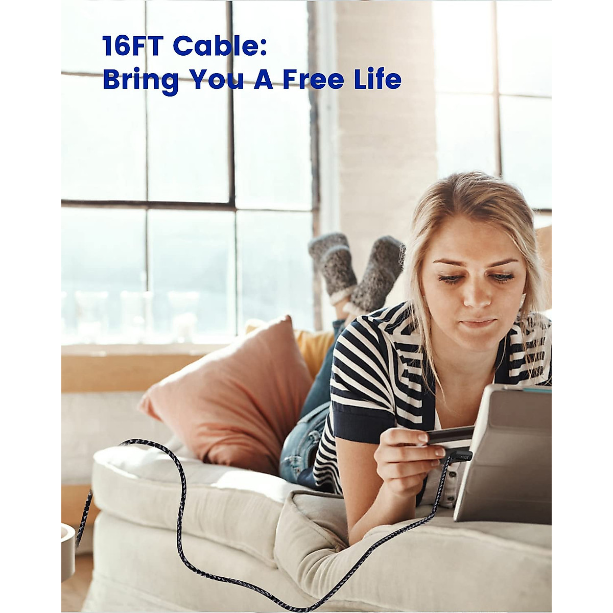 16FT Extra Long iPhone Charger Cord, 2-Pack SCRUAK [MFi Certified] 16 Ft USB C to Lightning Cable Fast Charging Nylon Braided iPhone Charger Cable for iPhone 14/14 Pro/14 Pro Max/13/12, iPad, AirPods.