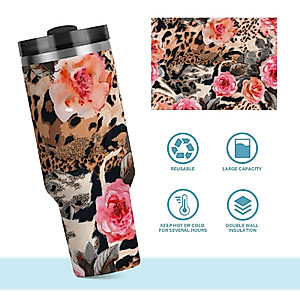 Yasala Car Tumbler with Handle Vintage Leopard Floral Art Travel Mug Coffee Cup Insulated Beverage Container Mega Cup for Hot Cold Drinking Thermos Water Bottle Cupholder Friendly 40 oz