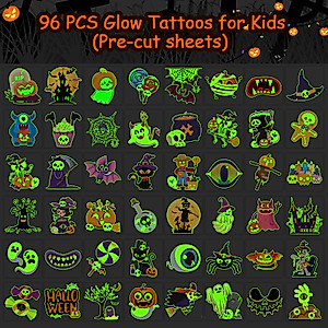 Konsait 96 PCS Halloween Temporary Tattoos for Kids, Pre-cut Glow in the Dark Fake Tattoos Halloween Kids Temporary Tattoos Halloween Party Favors Halloween Decorations Treats non Candy Prizes for Kid