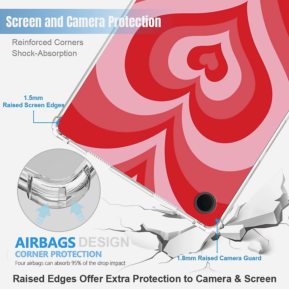 zaztify Tablet Case for Samsung Galaxy Tab A8 10.5 2021(SM-X200/X205) 10.5 in, Center Red Heart Tunnel Love Swirl Cute Shockproof Protective Flexible TPU Crystal Clear Cover Shell