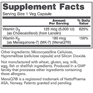 Protocol K2 MK-7 & D3 - Skeletal, Bone, Calcium Absorption & Heart Health Supplement* - for Teeth, Vascular & Immune System Health* - Non-GMO, Kosher, Halal, Soy-Free - 60 Veg Capsules