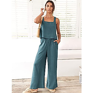 ANRABESS Women's Two Piece Outfits Summer Vacation Cruise Resort Wear 2023 Clothes Casual Linen Tank Crop Top Wide Leg Pants Matching Lounge Set Jumpsuit 732qinglan-L