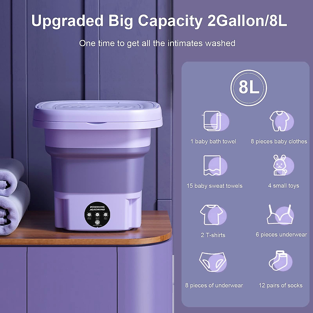 Portable Washing Machine, Foldable Mini Washer for Baby Clothes, Underwear Bra Intimates Delicates Socks or Apartment, Camping, RV, Travel, Business Trip (110V-240V), With US Adapter, Purple Color
