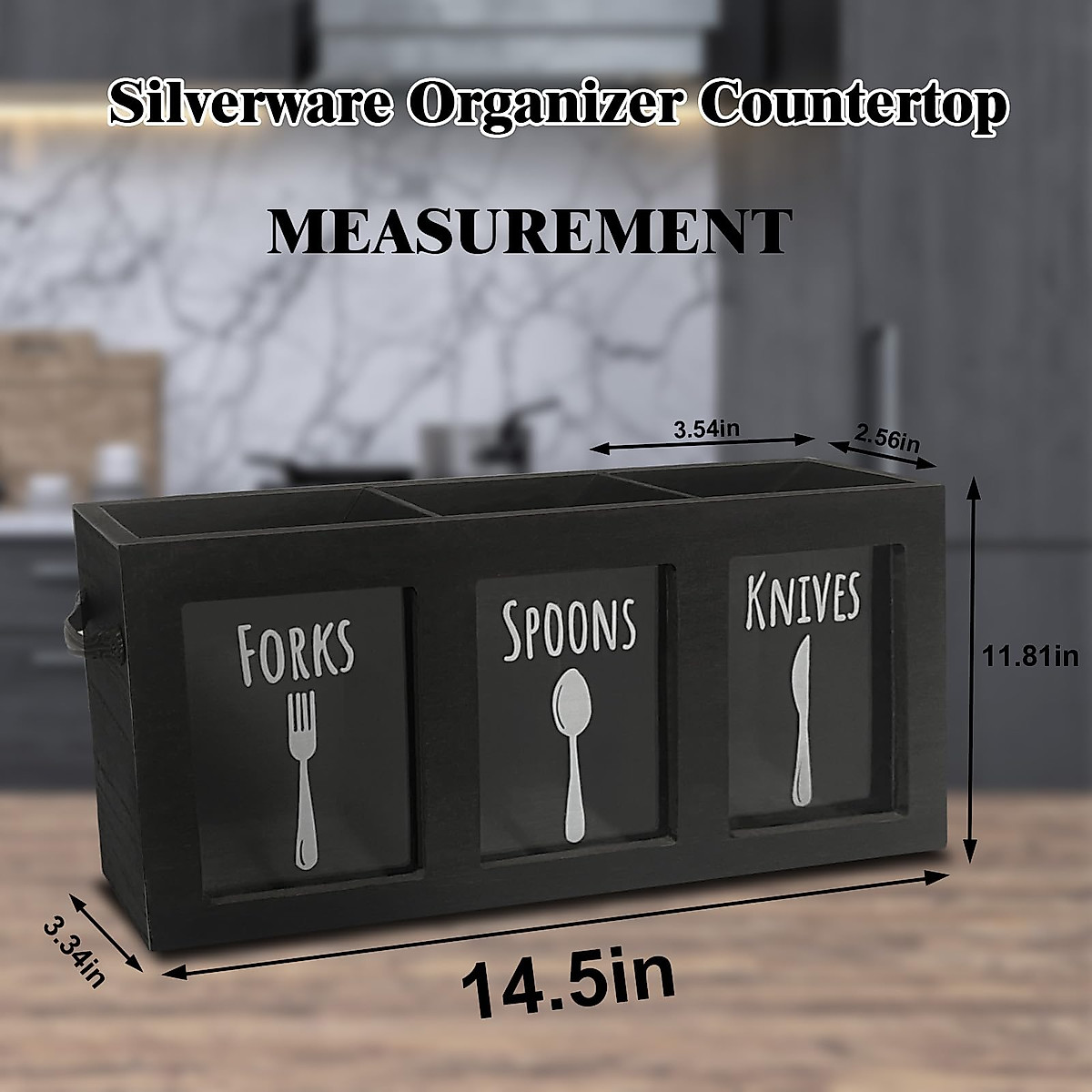 Mibcocny Wood Utensil Caddy For Kitchen Counter, Silverware Organizer Countertop, Spoon And Fork Organizer With Handles, Flatware Cutlery Knife Holder For Party Hosting Storage (Black)