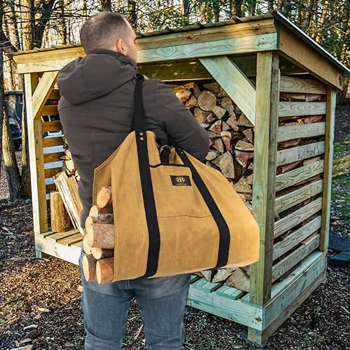 Log Carrier for Firewood Bag - 20oz Waxed Canvas wood carriers with Handles for Fire Logs storage- Fireplace and Campfire Accessories - Durable Waterproof Heavy-Duty Canvas Bag Carrier BROWN
