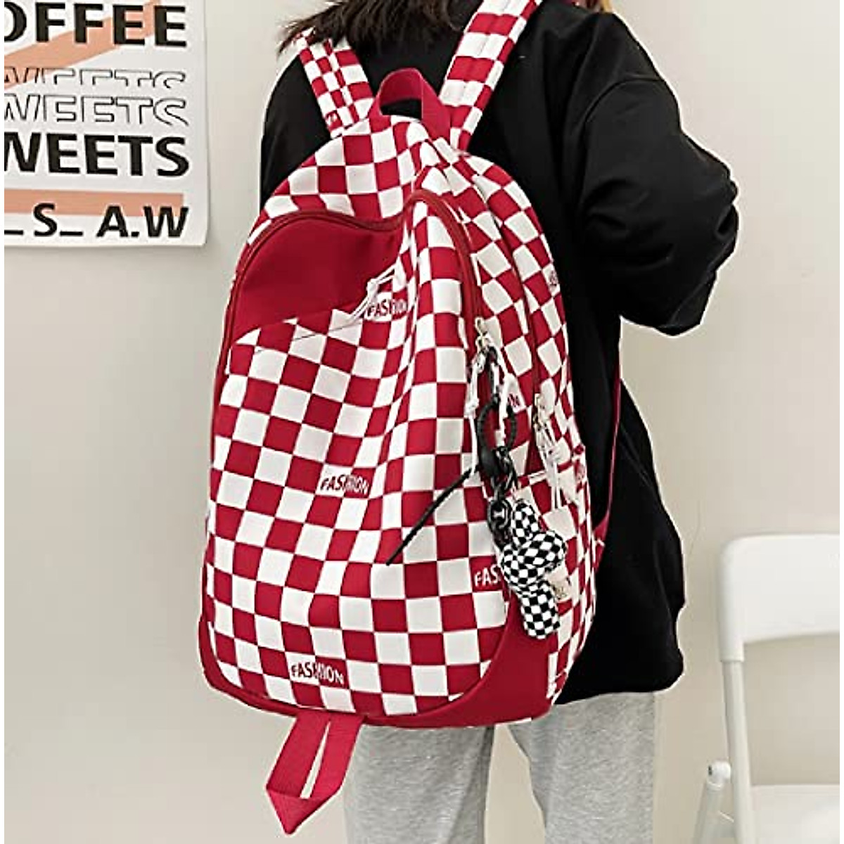 Cute Backpack Comes with Checkered Pendants for free Klein Blue Plaid Kawaii Teen (Red)