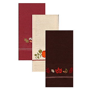 Fall Kitchen Towels Set of 3, Waffle Style with Embroidered Autumn Leaves and Pumpkins, Burgundy, Cream, and Brown Dishtowels with Hanging Loops, 16 x 26 Inches, Cotton Construction