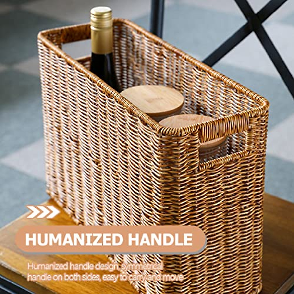 Zerodeko Imitation Rattan Hand Woven Magazine Basket, with Handles, Plastic Storage Basket Magazine Wicker Basket Hollow Handle Basket Desktop Magazine Holder