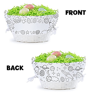 Space Theme DIY Personalized Easter Egg Basket with Handle and Custom Name | Color It Yourself Easter Basket Liners | White Basket | Woven Easter Baskets for Kids | Customized Easter Basket