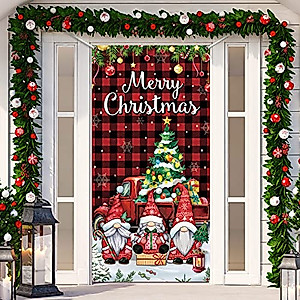 Tiamon Christmas Gnome Door Cover Xmas Red Truck Buffalo Plaid Door Cover Banner Merry Christmas Backdrop Door Cover Decoration for Winter Holiday Party Supplies, 70.9 x 35.4 Inches
