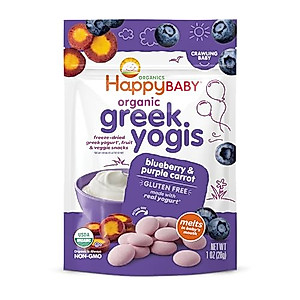 Happy Baby Organics Baby Snacks, Greek Yogis, Freeze Dried Yogurt &Veggie Fruit Snacks, Gluten Free Snack for Babies 9+ Months, Blueberry & Purple Carrot, 1 Ounce
