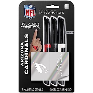 BIC BodyMark, Temporary Tattoo Marker, NFL Series, Arizona Cardinals, Skin Safe, Brush Tip, Assorted Colors, 3-Pack with Stencils