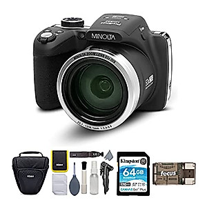 Minolta MN53Z Pro-Shot 16MP Full HD Digital Camera with 53x Optical Zoom (Black), Holster Camera Case, 64GB Memory Card and Focus Card Reader Bundle (4 Items)