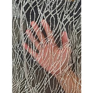 Glitter Wave Lace Fabric by The Yard - Perfect for Wedding Decorations, Bridal Shower, Wedding Tablecloth - Glitter Veil, and Elegant Crafts - 58 inch - 1 Yard (Silver White)