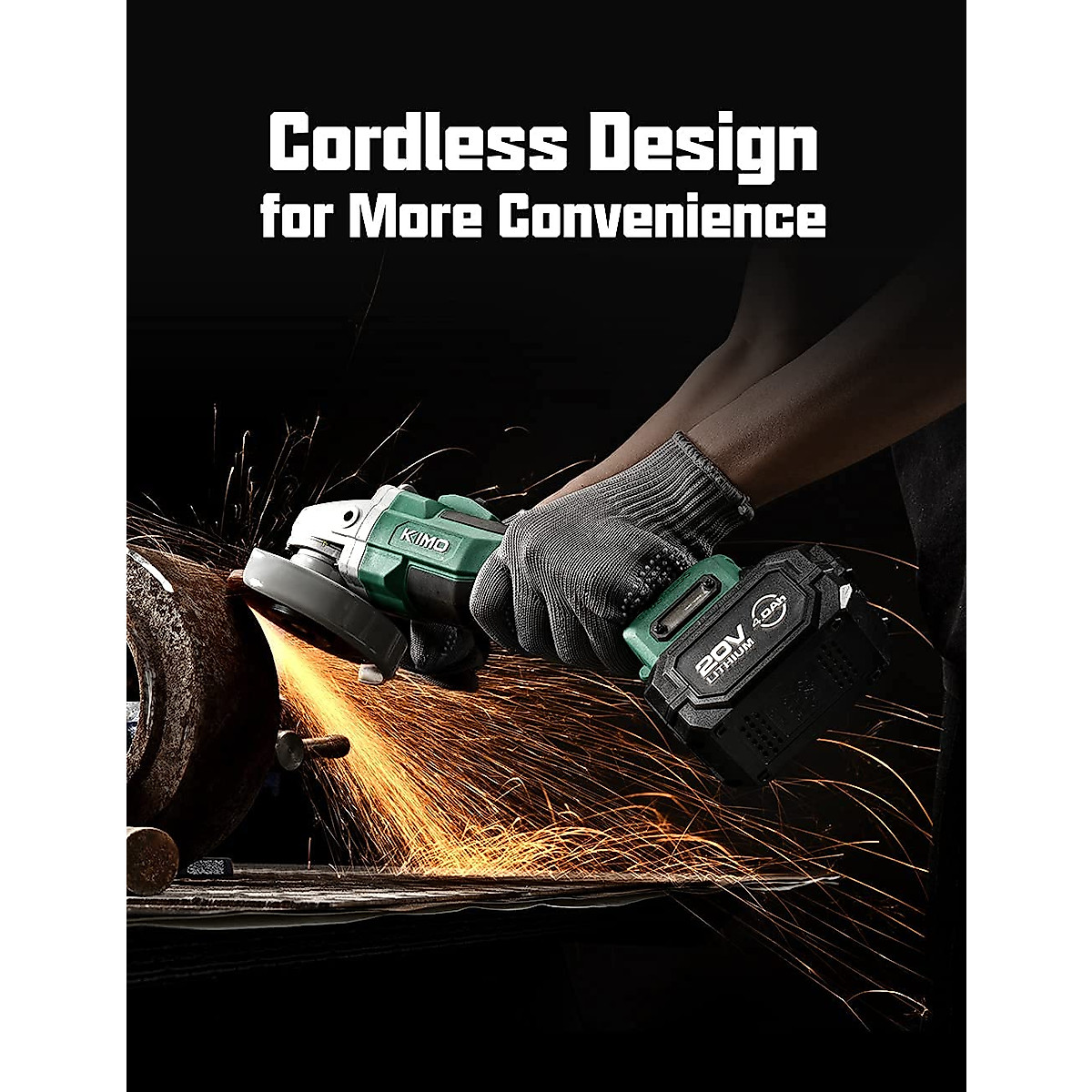 KIMO Cordless Grinder 20V Cordless Angle Grinder w/ 4.0Ah Li-Ion Battery & Charger, 9000RPM Brushless Motor, 4-1/2'' Blade, Electric Brake, 2-Position Handle, Battery Grinder Tool for Metal Wood