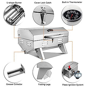 ROVSUN Portable Tabletop Propane Grill, Outdoor Gas Grill with Built-in Thermometer & Full Stainless Steel Body for Picnic Camping BBQ RV Patio Garden
