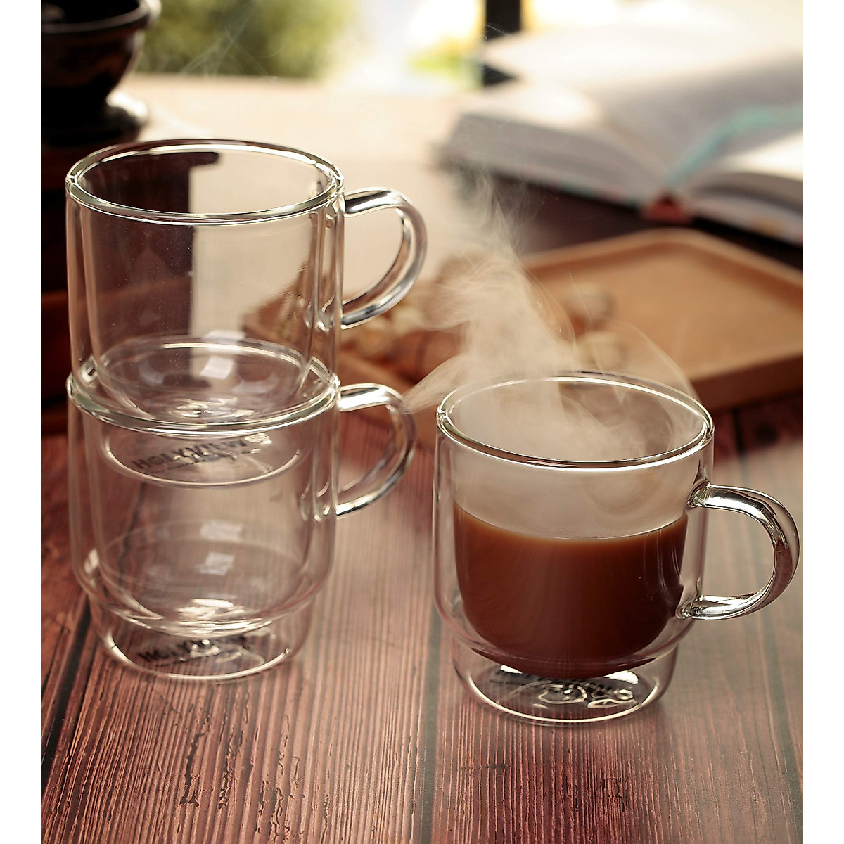 160ML4 Glass double wall cup with handle, Stackable cups, 4pcs/Gift box as one set
