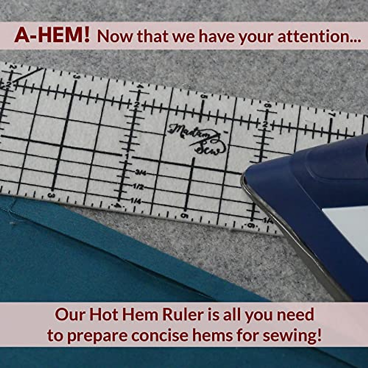 Madam Sew Hot Hem Ruler for Quilting and Sewing – Non-Slip Hot Ironing Ruler with Clear Grid Lines for Fabric Seams, Hems, Folds and Pleats with Dry or Steam Iron on Quilt Blocks and Clothes