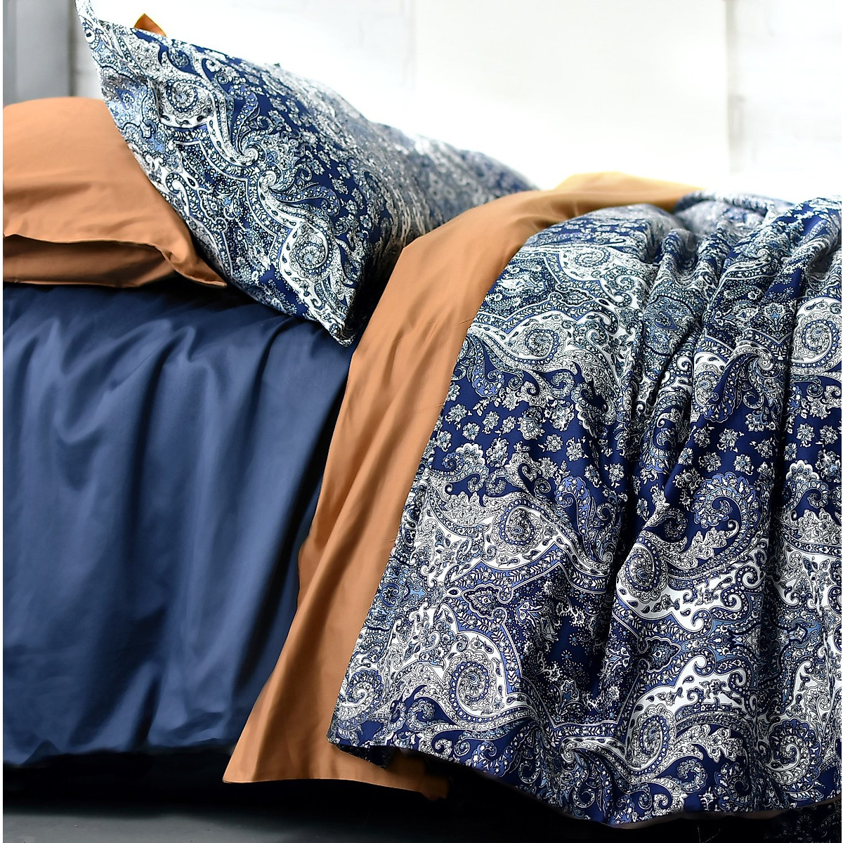 Eikei Home Damask Medallion Luxury Duvet Quilt Cover Boho Paisley Print Bedding Set 400 Thread Count Egyptian Cotton Sateen Vibrant Bohemian Pattern,3 pieces (King, Midnight)