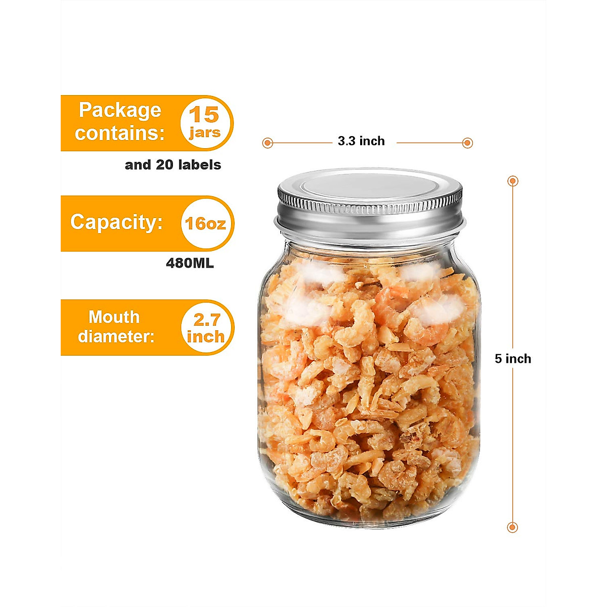 16 oz Mason Jars With Lids Regular Mouth 15 Pack-16 oz Glass Jars with Lids,Bulk Pint Clear Glass Jars For Meal Prep, Food Storage With 20 Labels (Silver Lids)