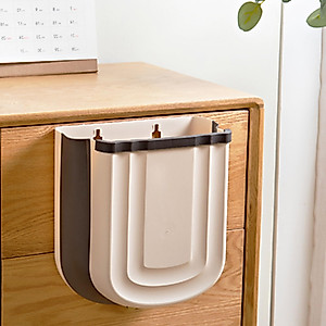 Aimkeoulee Hanging Kitchen Trash Can for Kitchen Counter,9L Collapsible Plastic Waste Bin for Cabinet Door, Wall Mounted 2.4 Gallon Foldable Small Wastebasket for Kitchen, Bathroom, Bedroom(Khaki)