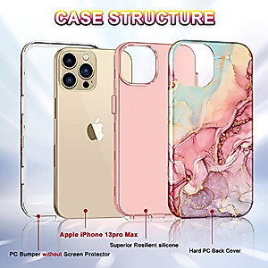 Btscase Compatible with iPhone 13 Pro Max Case 6.7 Inch 2021,Marble Pattern 3 in 1 Heavy Duty Shockproof Full Body Rugged Hard PC+Soft Silicone Drop Protective Women Girl Phone Cases, Rose Gold