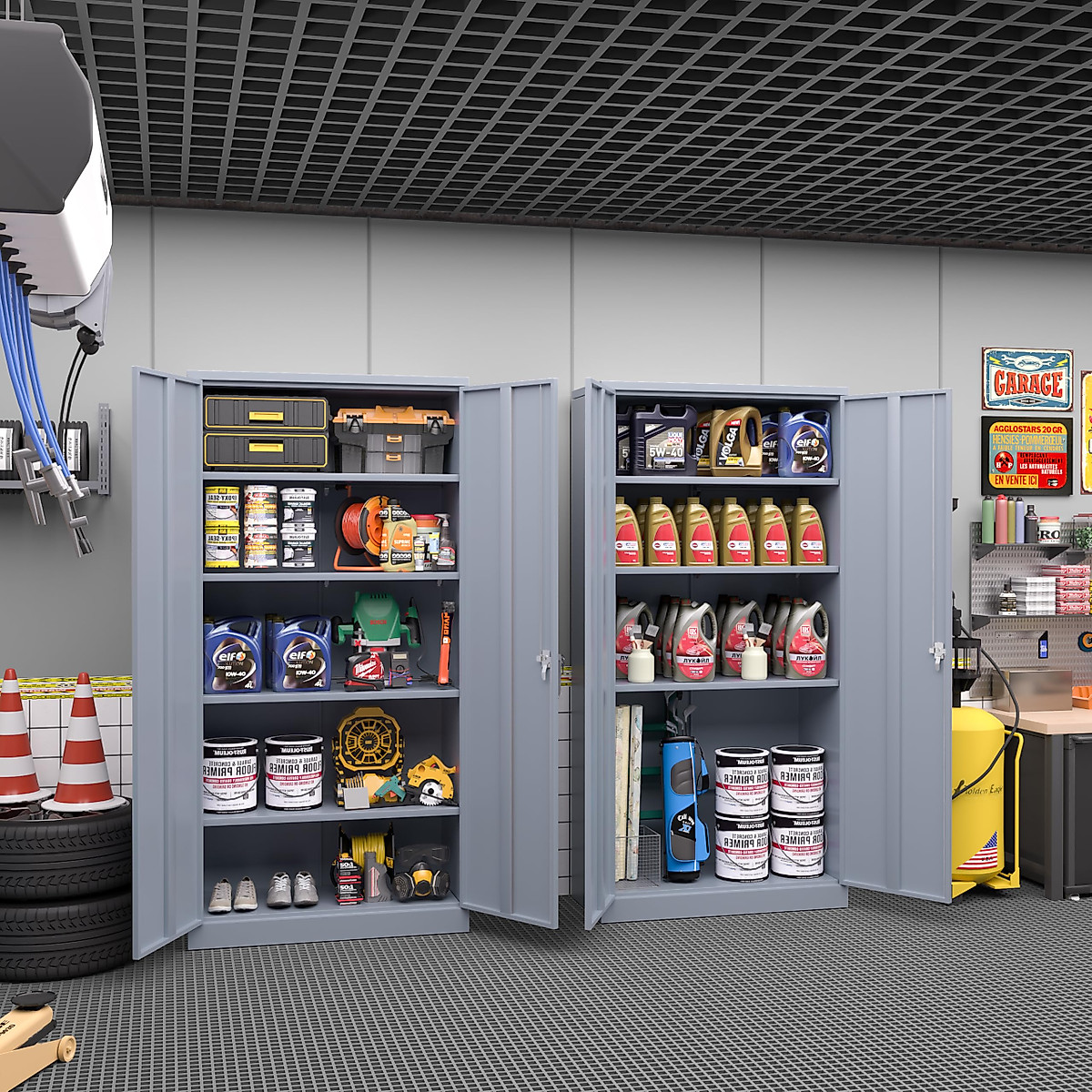 Greenvelly Metal Storage Cabinet, 72" Locking Tool Steel Garage Cabinet with Doors and Adjustable Shelves, Utility Metal Filing Cabinet with Lock for Home Office, Garage, School, Kitchen Dark Gray