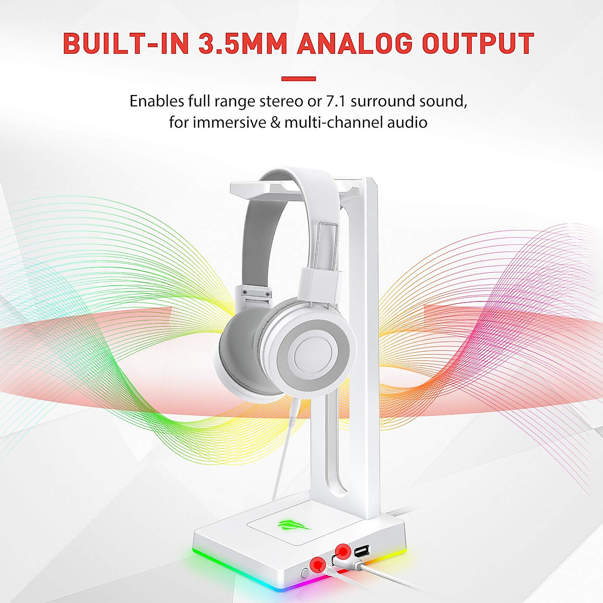 havit RGB Headphones Stand with 3.5mm AUX and 2 USB Ports, Headphone Holder for Gamers Gaming PC Accessories Desk (White)