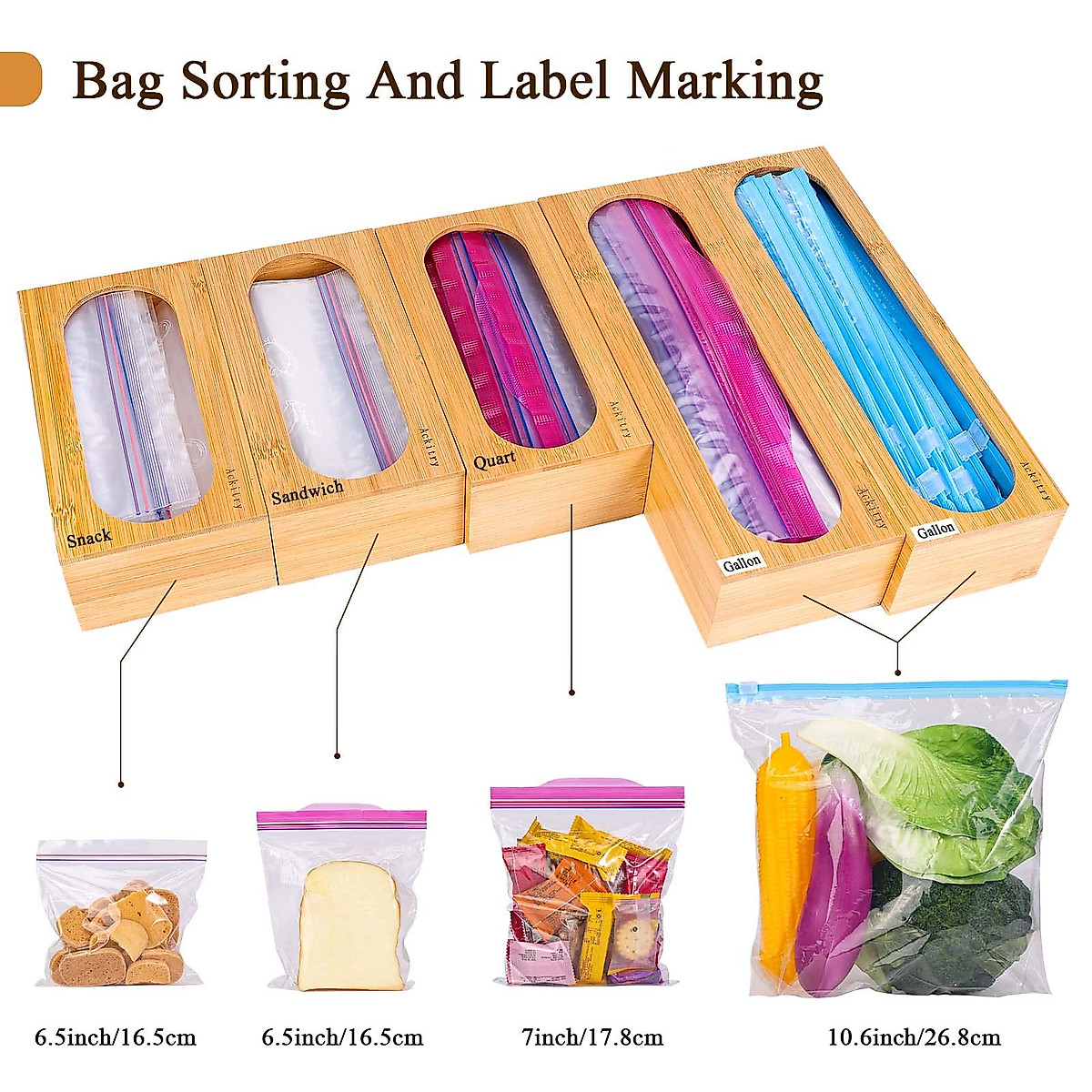Ackitry Ziplock Bag Storage Organizer for Kitchen Drawer, 5 Pc Bamboo Premium Food Storage Bag Organizer Holders and Dispenser Compatible with Gallon, Quart, Sandwich, Snack, Candy Variety Size Bags