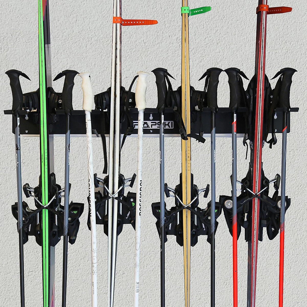 TRAPAWAY Wall Rack | Holds 4 pair of Skis or Snowboard by Bindings | Garage Organizer for Yard Tools, Gear & Equipment | Aluminum | No Moving Parts to break or pinch | Made in the USA (Black Quad)