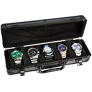 RIGICASE Aluminum 5 slots Hard men's watch box case, Luxury watch display storage organizer box with soft foam pillows snug fit all size watches up to 60mm face