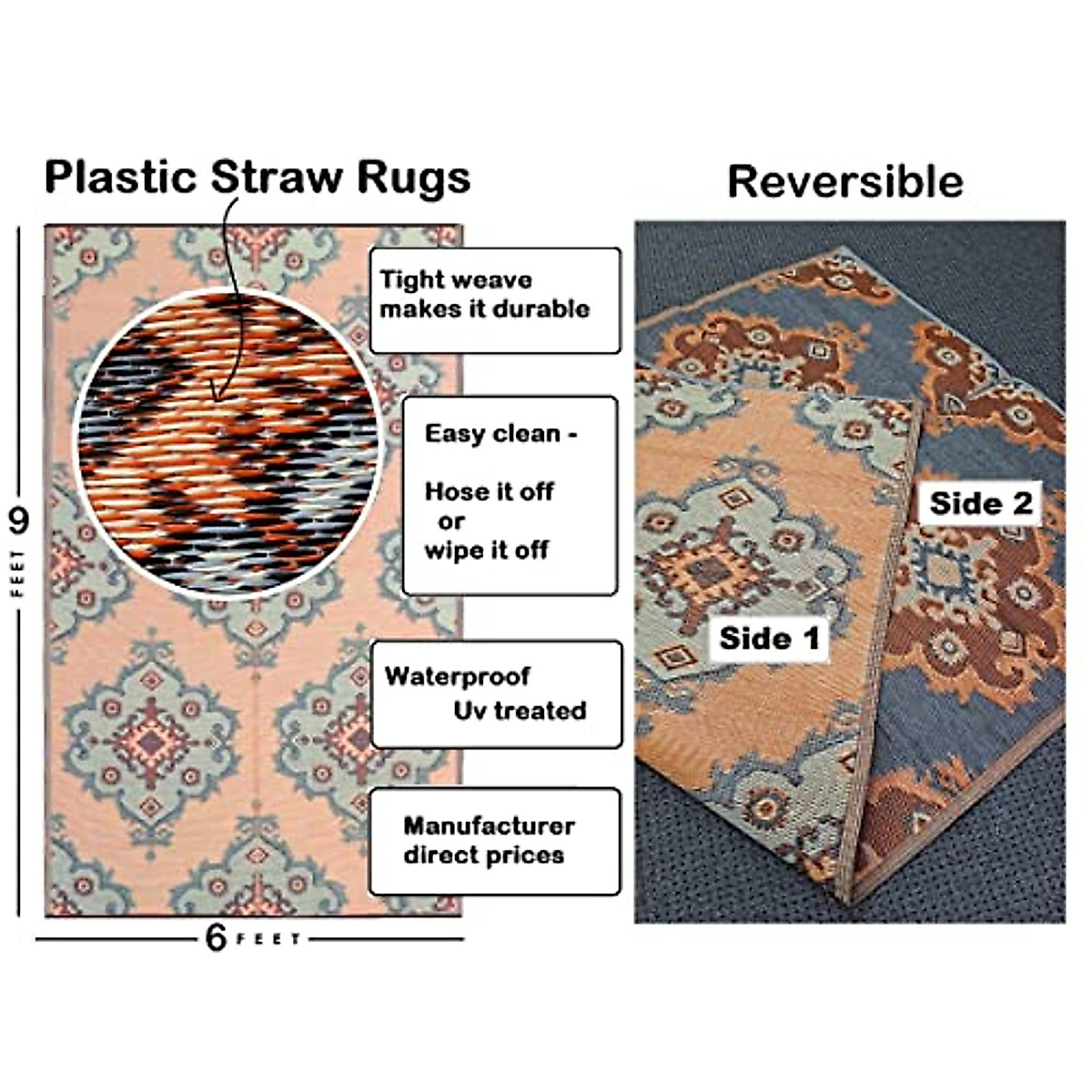 BalajeesUSA Premium Outdoor Plastic Patio Rugs – 6x9, Orange, Yellow, Grey, Durable and Affordable, Multipurpose, Woven Plastic Straw, All-Weather and Waterproof Rug, Reversible Camper Rug, Recycled