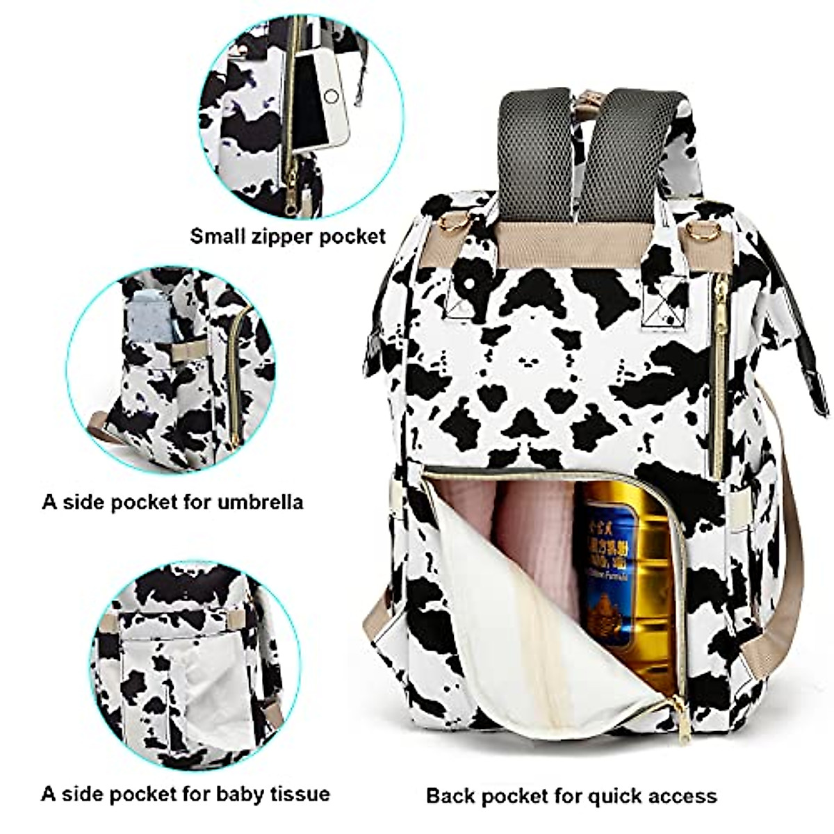 Yusudan 3 in 1 Cow Print Diaper Bag Backpack for Baby Girls Boys, Nappy Bags with Diaper Pad Stroller Straps