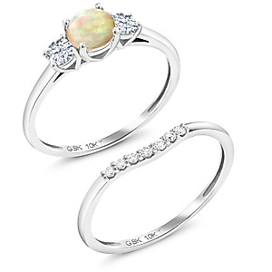 10K White Gold White Ethiopian Opal and White Created Sapphire and Lab Grown Diamond 3-Stone Bridal Engagement Wedding Ring Set For Women (0.63 Cttw, October Birthstone, Round Cabochon 5MM, Size 7)
