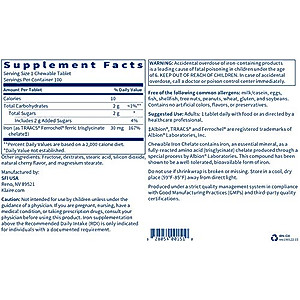 Klaire Labs Chewable Iron Chelate - 30 Milligrams Elemental Iron, Easy on The Stomach & Hypoallergenic, Natural Cherry Flavor (100 Tablets)