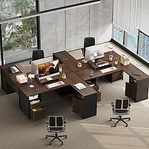 Bestier L Shaped Desk with File Drawers, 63" x 47" Office Computer Desk with Storage Cabinet, Corner Desk with Monitor Stand & Modesty Panel for Home Office, Cherry