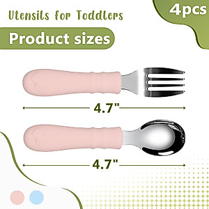 HAKSEN Baby Forks and Spoons Set, 4 PCS Child and Toddler Safe Flatware, Perfect Length for Baby Spoons Self Feeding, Stainless Steel Cutlery with Silicone Handle