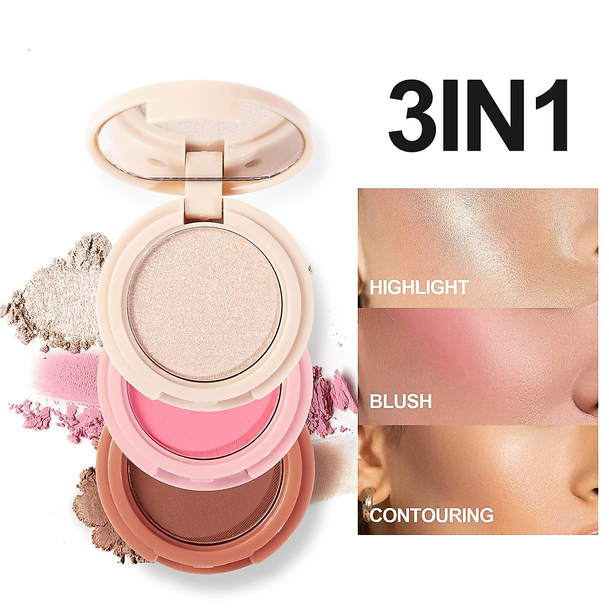 MEICOLY 3-in-1 Compact Powder Blush Highlighter Contour Makeup Set,Silky Smooth Face Blush Cheek Tint,Moisturizing Face Luminizer Bronzer for Women,Trio Eyeshadow Powder Makeup,Medium