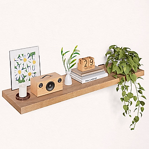 LUDORU 36 Inch Oak Floating Shelves - 10 Inches Deep Solid Oak Floating Shelves for Wall, Rustic Wood Live Edge Floating Shelves Wall Mounted, Heavy Duty Large Floating Shelf for Under TV, Any Room.