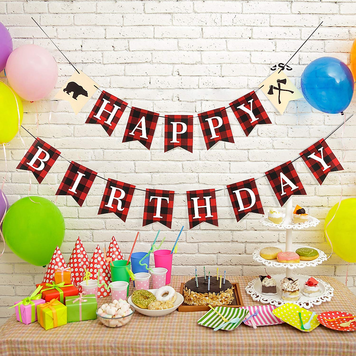 Boao Lumberjack First Birthday Party Decorations Lumberjack Buffalo Plaid 1st Highchair Banner Camping Wild Bear Birthday Party High Chair Banner for Baby Boy Girl Photo Props Backdrop Decors