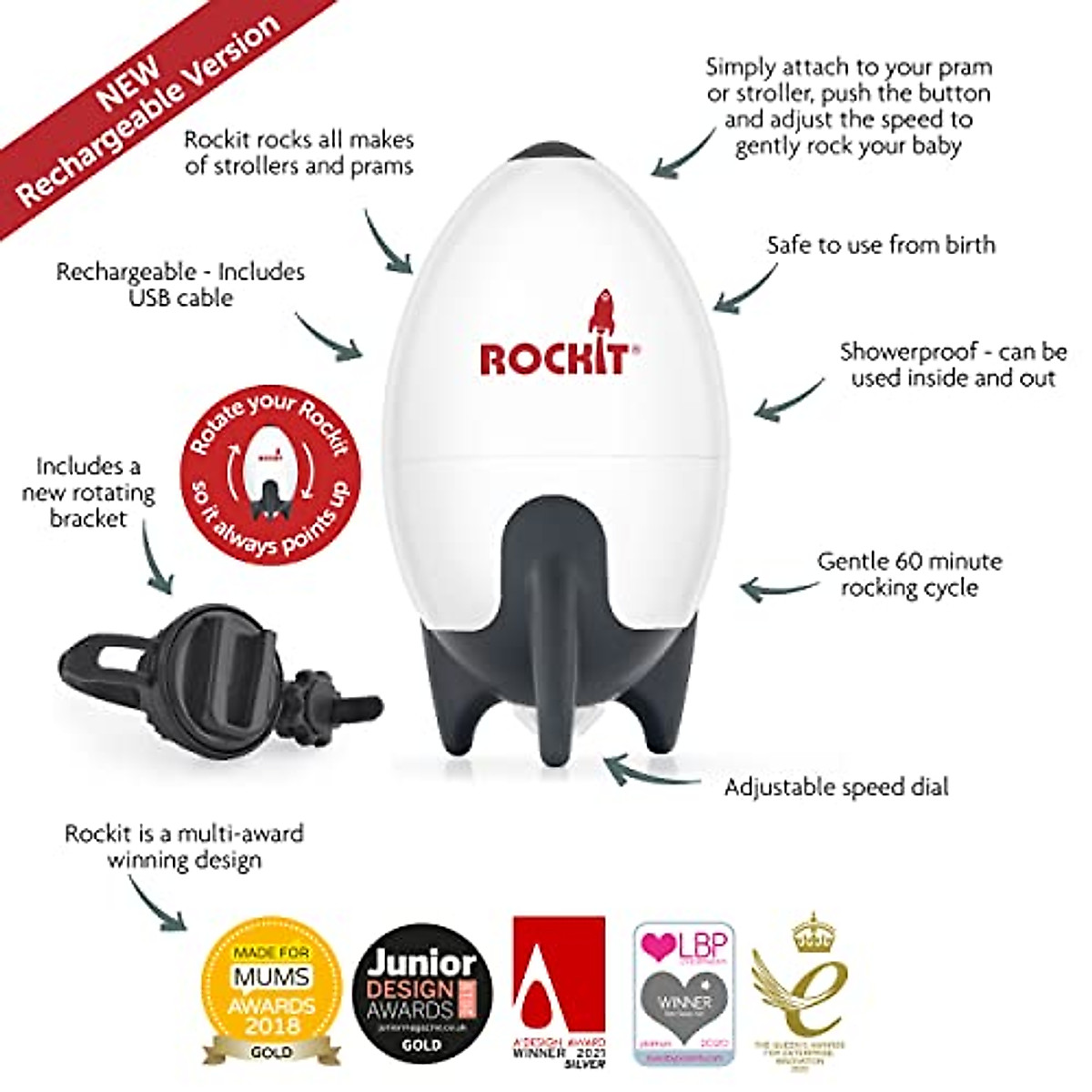 Rockit Rocker USB Rechargeable 2.0. Rock-it Baby Rocker Rocks Any Stroller, Bassinet, Pushchair or Buggy. Comes with Rotating Bracket.