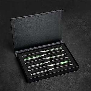 SENKEN Professional Steak Knife Set with Beautiful Engraved Pattern - Wasabi Collection - Razor Sharp Serrated High Carbon Steel & Emerald Green Resin Handle (6 Piece Steak Knife Set)