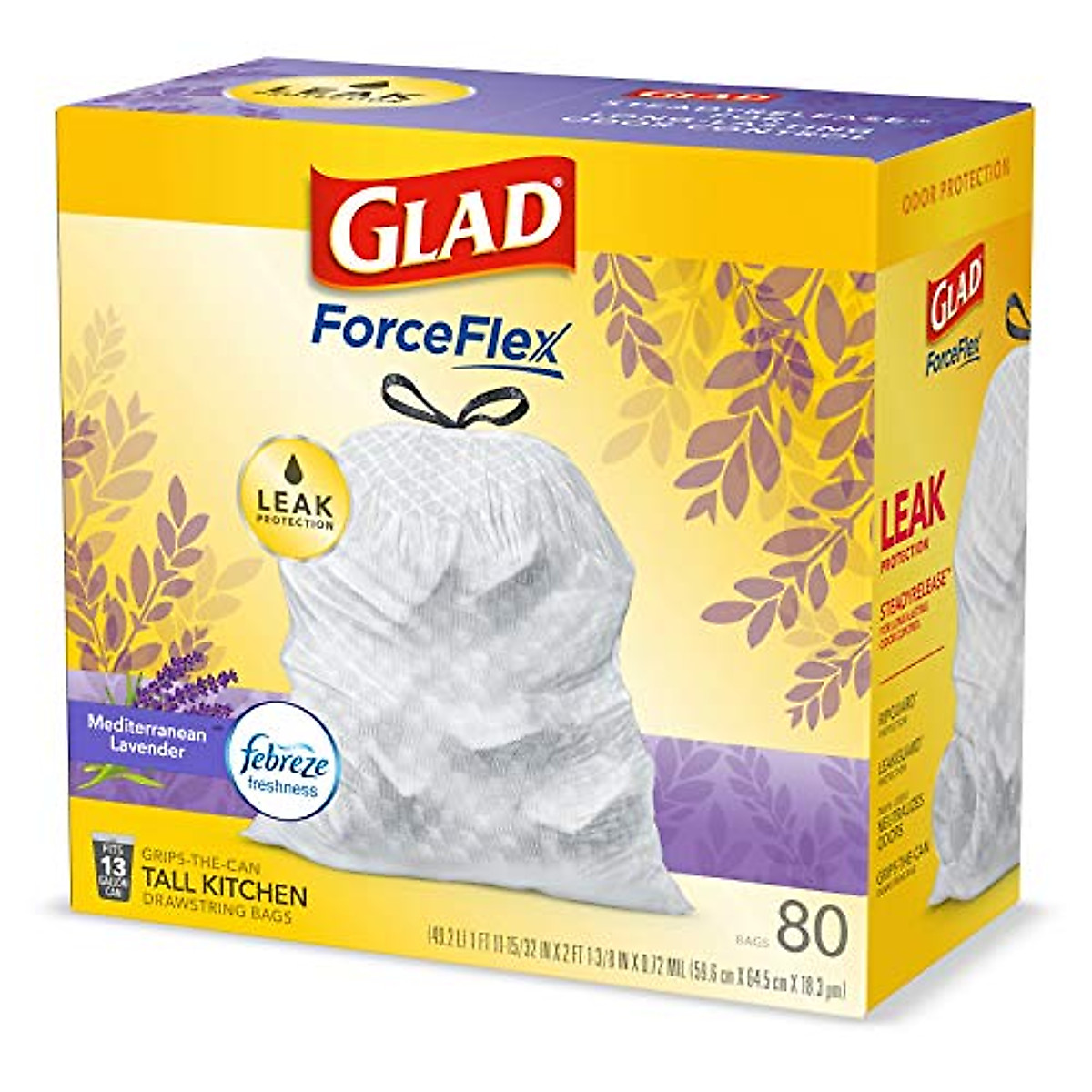 Glad ForceFlex Tall Kitchen Drawstring Trash Bags 13 Gallon White Trash Bag, Mediterranean Lavender scent with Febreze Freshness 80 Count (Package May Vary)