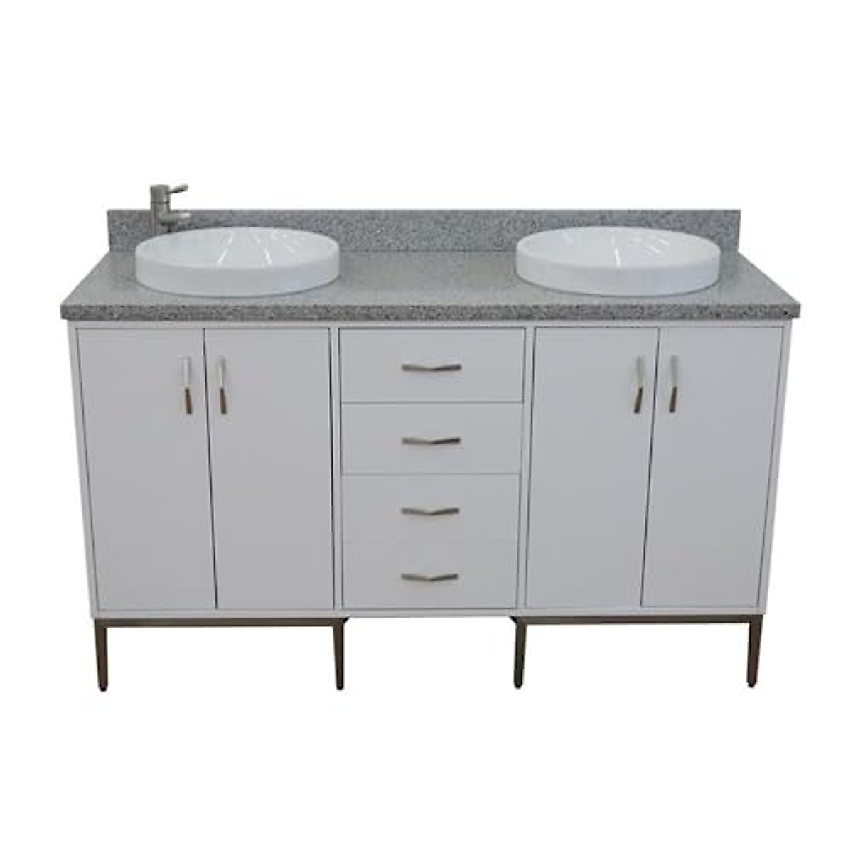 Tivoli 61" Double Round Sink Solid Wood Vanity in White/Gray Granite Stone
